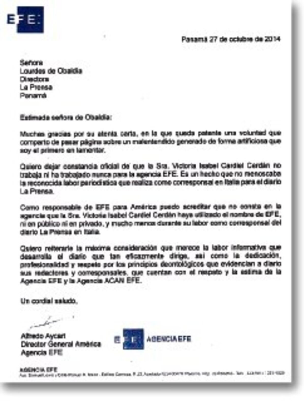 Agencia EFE aclara noticia | La Prensa Panamá
